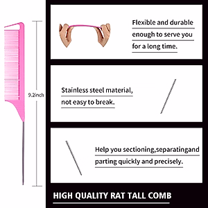 3 Pieces Hair Styling Comb Set Teasing Hair Brush Rat Tail Comb Edge Brush for Edge&Back Brushing, Combing, Slicking Hair for Women (Pink)