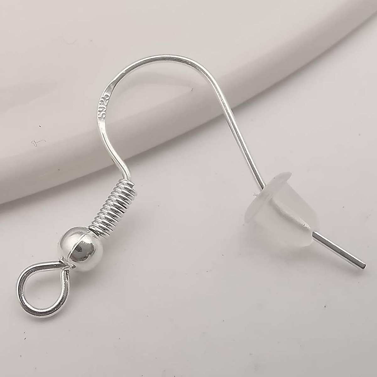 200 PCS/100 Pairs 925 Silver Hypo-allergenic Earring Hooks Fish Hook Ear Wires French Wire Hooks Jewelry Findings Earring Parts DIY Making with 200 PCS Clear Rubber Backs (11783)