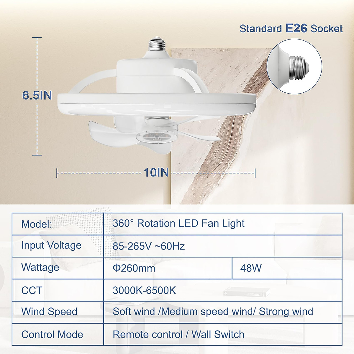 alescu Ceiling Fans with Lights E26 Base, 10" Ceiling Fan with Memory Function,Fan with Shake Head Function for Bedroom, Living Room, Kitchen, Balcony