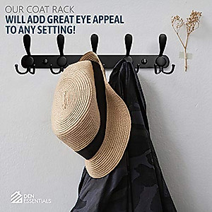 Metal Wall Mounted Coat Rack | 5 Tri-Hooks Hold Up to 50 LBS | On Door Towel Rack can be Installed in Minutes - All Setup Tools Included | For Bathroom, Living Room, Kitchen & Garage (Black)