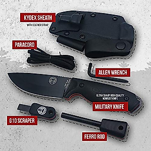 Bushcraft Survival Knife | Full Tang Fixed Blade Outdoor Camping Hunting Knife In Sheath Gift For Him | 1095 High Carbon Steel Knife Fire Starter Scraper & Paracord | Bushcraft Survival Knife Gift