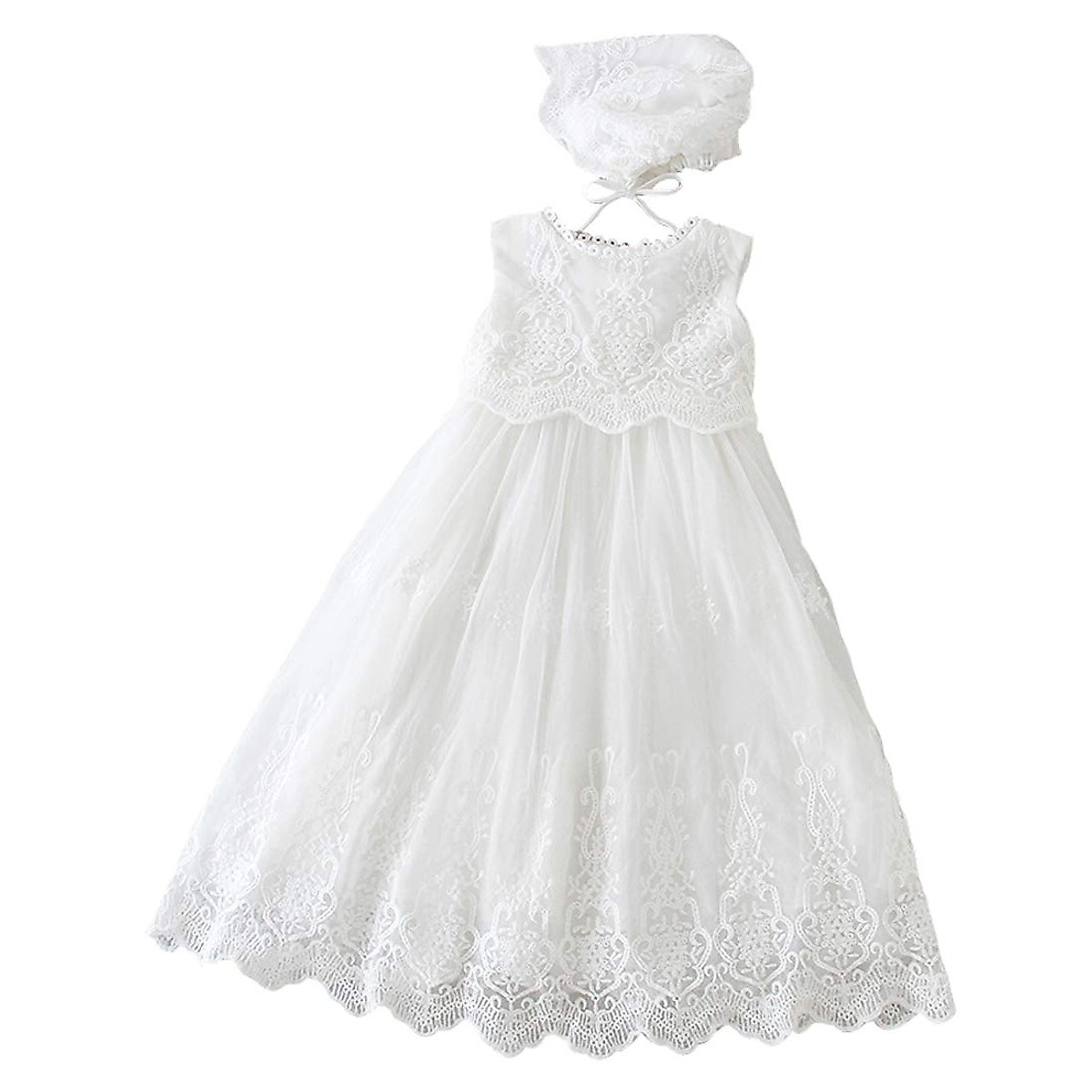 DINGDONG'S CLOSET Baby Toddler Girls Christening Baptism Embroidered Dress with Bonnet 2Pieces Grown Outfit(18Months) Ivory