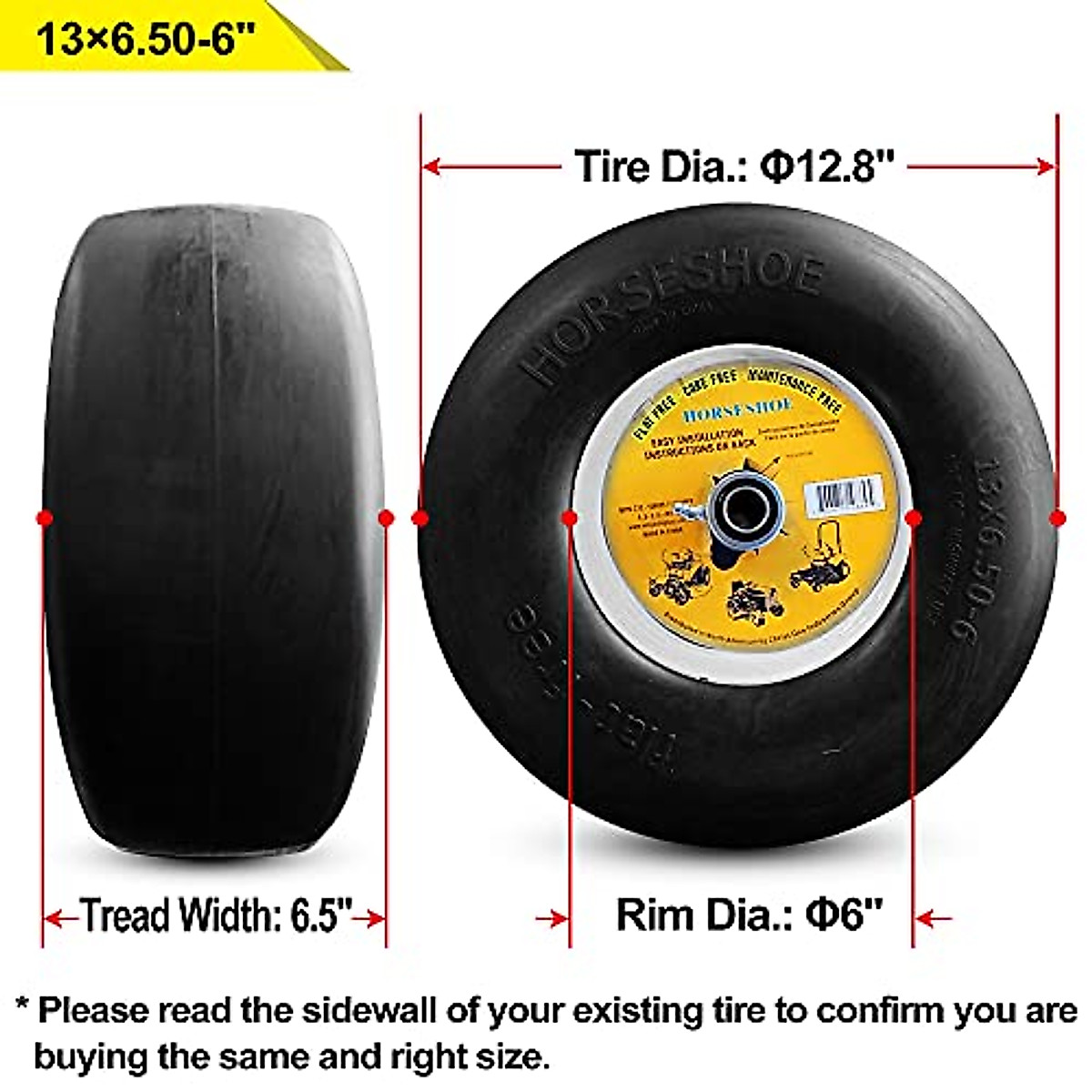 2 New Commercial-grade 13x6.50-6 Flat-Free Lawn Mower Smooth Tires with Steel Rim for Lawn Mower (Deck 36"-68") & Garden Tractor 136506 ---Hub Length 4"-7.1"---Bore φ5/8"