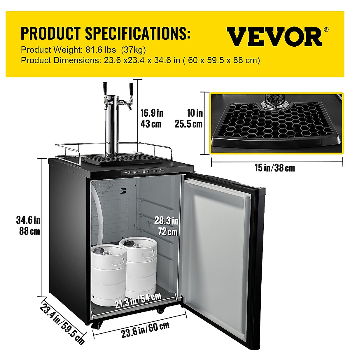 VEVOR Kegerators Beer Dispenser, Full Size Beer Kegerator Refrigerator, Double Taps Direct Draw Beer Dispenser w/LED Display, 23-83℉ Adjustable Dual Kegerator w/Complete Accessories, Black