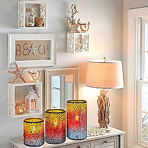MELTONE Beach Decor Glass Electric Candles with Remote, Mosaic Sunset Theme Blinks LED Candles, Real Wax Battery Operated Candles for Bedroom Bathroom Patry Ocean Home Decorations, Set of 3