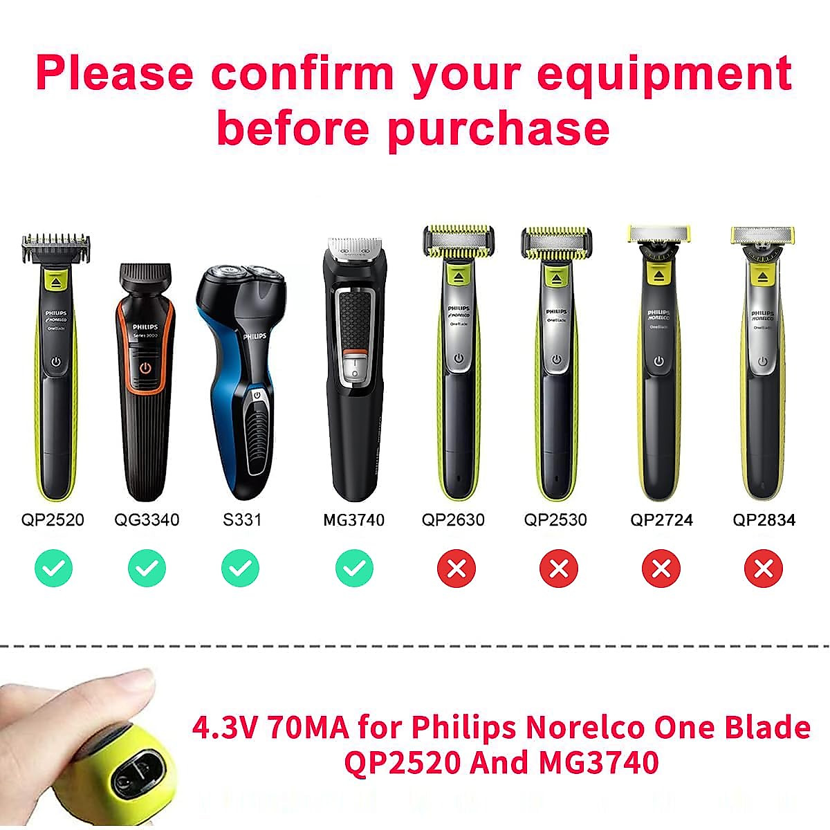 4.3V Charger for Philips Oneblade QP2520 MG3740 A00390, Charging Cord Replacement Philips Norelco One Blade, Electric Trimmer Shaver Power Supply Cord