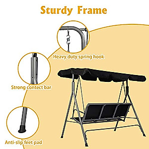 3 Person Patio Swing with Convertible Canopy--Weather Resistant Frame and Breathable Seat, Comfy Outdoor Swing Chair Bench for Porch Backyard Garden, Black