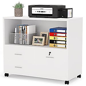 Tribesigns 3 Drawer File Cabinet with Lock, Mobile Lateral Filing Cabinet with Rolling Wheels, Large Printer Stand with Open Storage Shelves for Home Office (White)