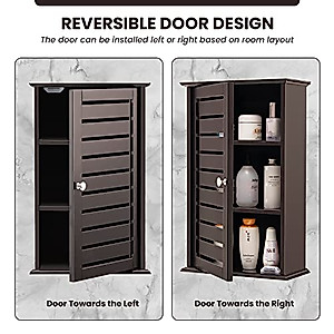 COSTWAY Wall Mounted Bathroom Cabinet, Wooden Storage Cabinet with 2 Adjustable Shelves and Reversible Door, Versatile Hanging Medicine Cabinet for Living Room, Kitchen, Entryway (Brown)