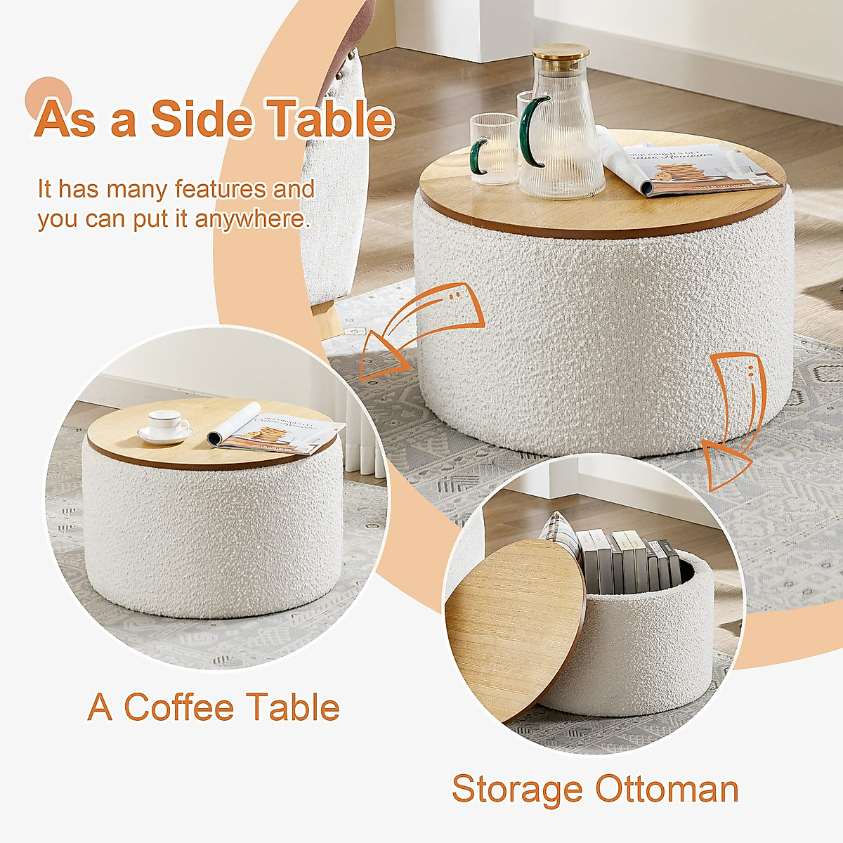 ONEVOG Large Ottoman Round Storage Ottoman with Wooden Lid, Living Room Round End Table No Assembly Required, Durable Boucle Fabric, Multipurpose End Table Support 300lbs