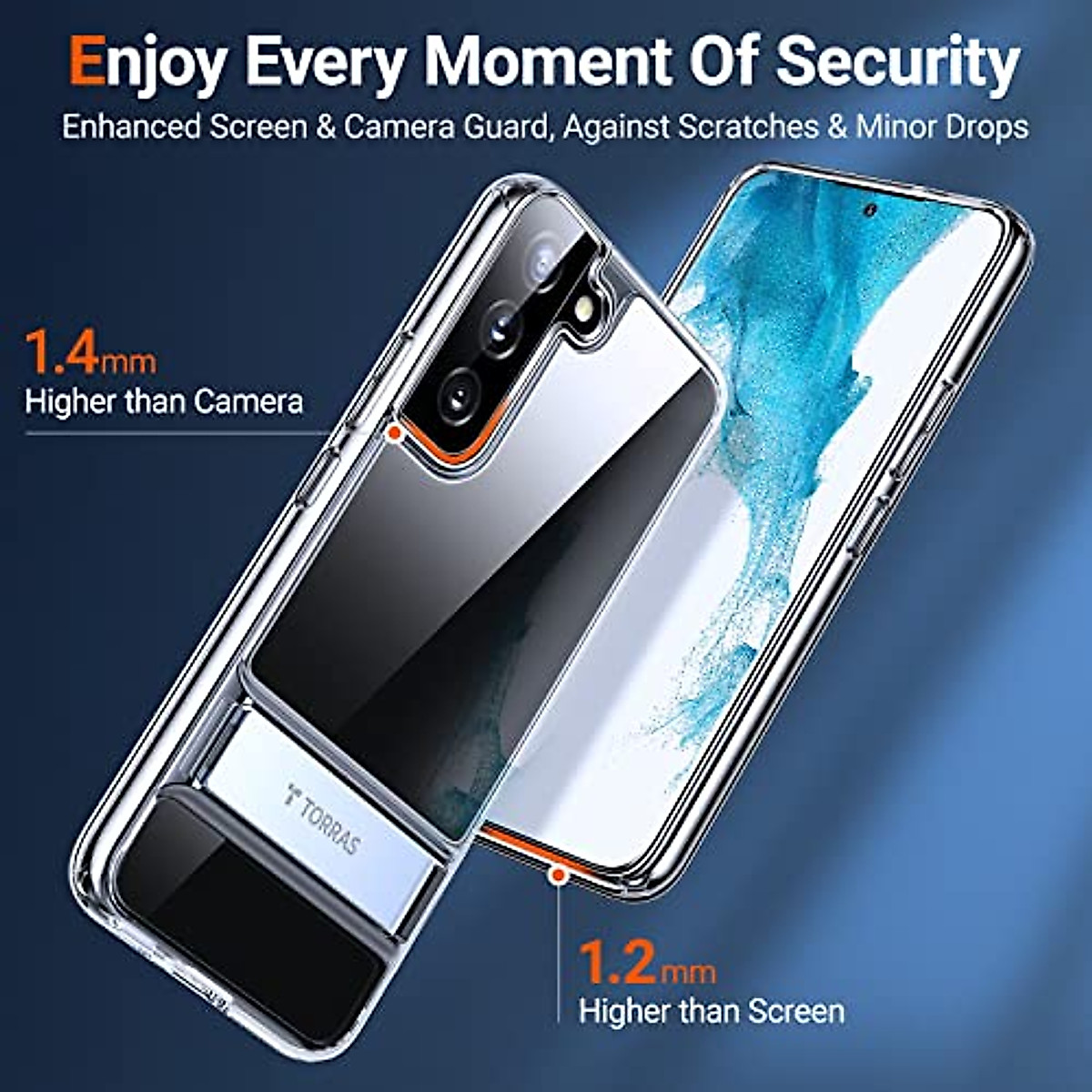 TORRAS MoonClimber Galaxy S22 Case 6.1", 6X Shockproof, 3-Way Stand, Slim Hard Kickstand, Clear