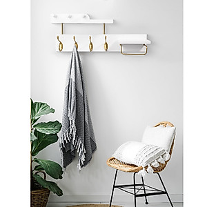 Lampaggio Coat Rack Wall Mount with Shelf, 4 in 1 Wood Coat Hooks with Key and Mail Holder, 17 Inch Entryway Hanging Shelf with Sunglasses Holder and 4 Metal Hooks for Clothes Hats Bag, White and Gold