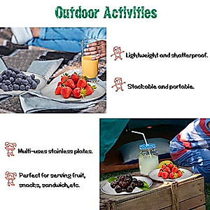 E-far Stainless Steel Plates Set of 4, 8-inch Metal Dinner Plates for Kids Toddlers, Great for Self-feeding/Picnic/Outdoor Camping, Healthy & Non-toxic, Shatterproof & Dishwasher Safe