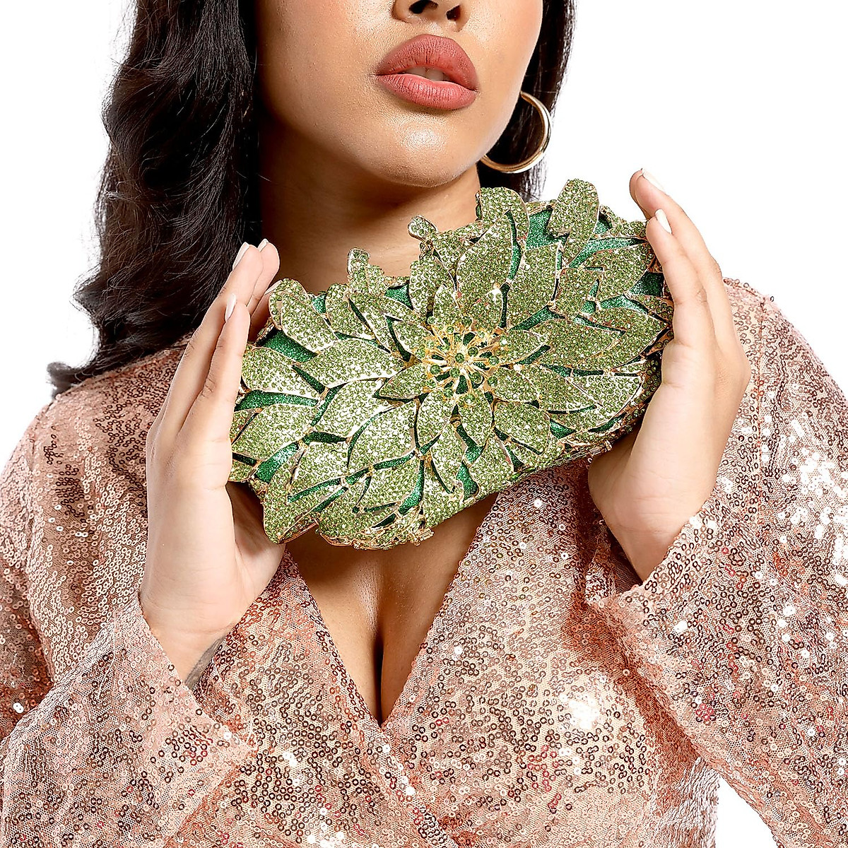 Boutique De FGG Elegant Flower Clutch Formal Evening Bags Women Party Crystal Clutch Purse Wedding Rhinestones Handbags,Mini,Light Green