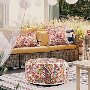 Anglechic 3 Pcs Indoor Outdoor Inflatable Ottoman Inflatable Lumbar Pillow and Toss Pillows, Fade Resistant Round Footrest Stool D21''x H9'', Portable for Patio Garden Camping or Home (Paisley)