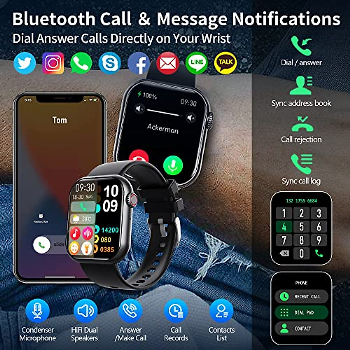 Blood Glucose Smart Watch with Bluetooth Call for Men Women, Smartwatch Fitness Tracker Heart Rate Monitor Blood Sugar Oxygen Pressure Tracking for Android iOS Phones, IP67 Waterproof
