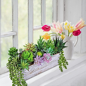 19 Pcs Assorted Artificial Succulents Fake Plants in Rectangular Wooden Pot Succulents Garden in Wood Planter Box Potted Succulents Plants Arrangement for Table Centerpiece Windowsill Greenery Decor