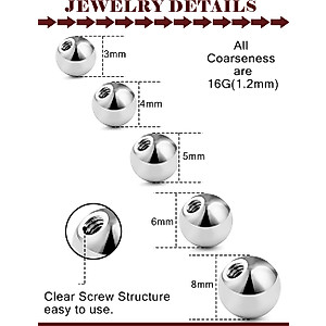 Prjndjw 25Pcs 16G Replacement Balls Externally Threaded Surgical Steel Piercing Balls Industrial Barbell Septum Eyebrow earring Lip Tongue Nipple Belly Button Piercing Rings Parts 3MM 4MM 5MM 6MM 8MM