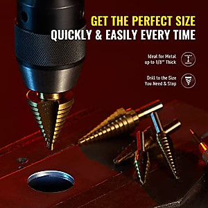 ZELCAN HSS 5PCS Titanium Step Drill Bit Set with Automatic Center Punch for Sheet Metal with Aluminum Case, 50 Sizes in 5 High Speed Multiple Hole Stepped Up Steel Bits for DIY Lovers