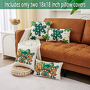 CARRIE HOME St Patricks Day Gnome Throw Pillow Covers 18x18 Set of 2 Green Lucky Shamrock Pillow Covers Saint Patricks Day Gnome Decor for Home Couch and Sofa