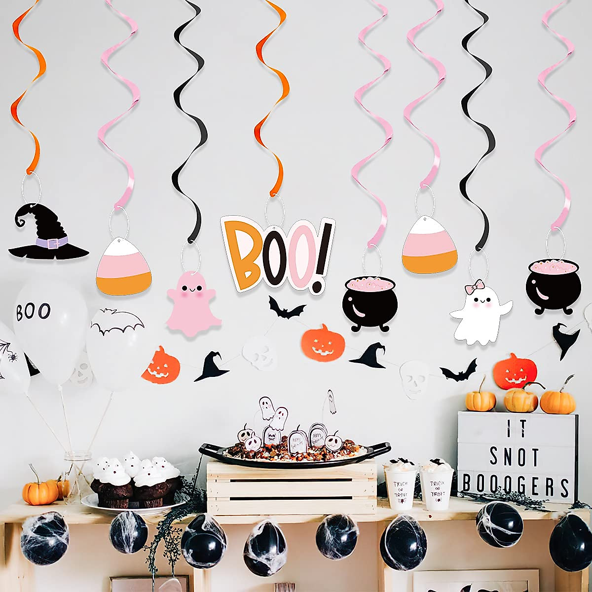 20Pcs Halloween Party Hanging Swirl,Cute Pink Ghost Sugar Bat Boo Ceiling Hanging Streamers for Halloween Baby Shower,Kids Halloween Birthday Themed Party,Halloween Party Swirl Decorations