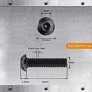 Cicidorai M6-1.0 x 25mm Button Head Socket Cap Bolts Screws, 10.9 Grade Alloy Steel, Black Oxide Finish, Machine Thread, Allen Socket Drive, Quantity 25