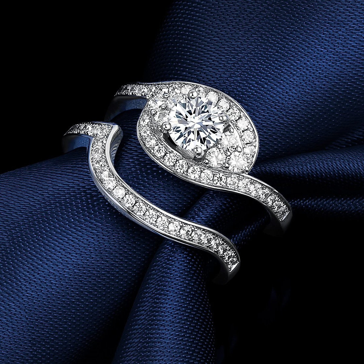 MDFUN 18K White Gold Plated Cubic Zirconia Two-In-One Wedding Engagement Promise Eternity Ring for Women Size 10