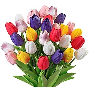 Ouddy Decor 30 Pcs Multicolor Artificial Tulip Flowers Fake Tulips PU Real Touch Faux Flowers Bouquet for Room Office Table Party Spring Wedding Home Easter Decorations