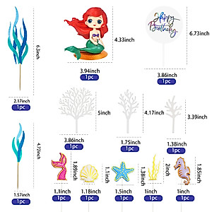 12 PCS Mermaid Cake Topper, Cute Big Eyes Mermaid Doll Cake Topper, Resin 2D Starfish Seaweed Seahorse Shell Felt Seaweed Acrylic Coral for Birthday Party, Baby Shower, Wedding, Mermaid Cake Supplies