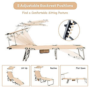 GYMAX Beach Chair with Canopy Shade, Folding Tanning Lounge with Adjustable Backrest, Carry Handle & Side Pocket, Sunbathing Chair for Outside, Patio, Poolside, Lawn (1, Beige)