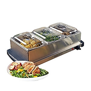Ovente 3-in-1 Party Chocolate, Butter, Cheese Fondue Warmer and Mini Food Buffet Server with Warmer Tray, 3 Liter, Adjustable Temperature Dial, BPA-Free Cool-Touch Lids, Stainless Steel