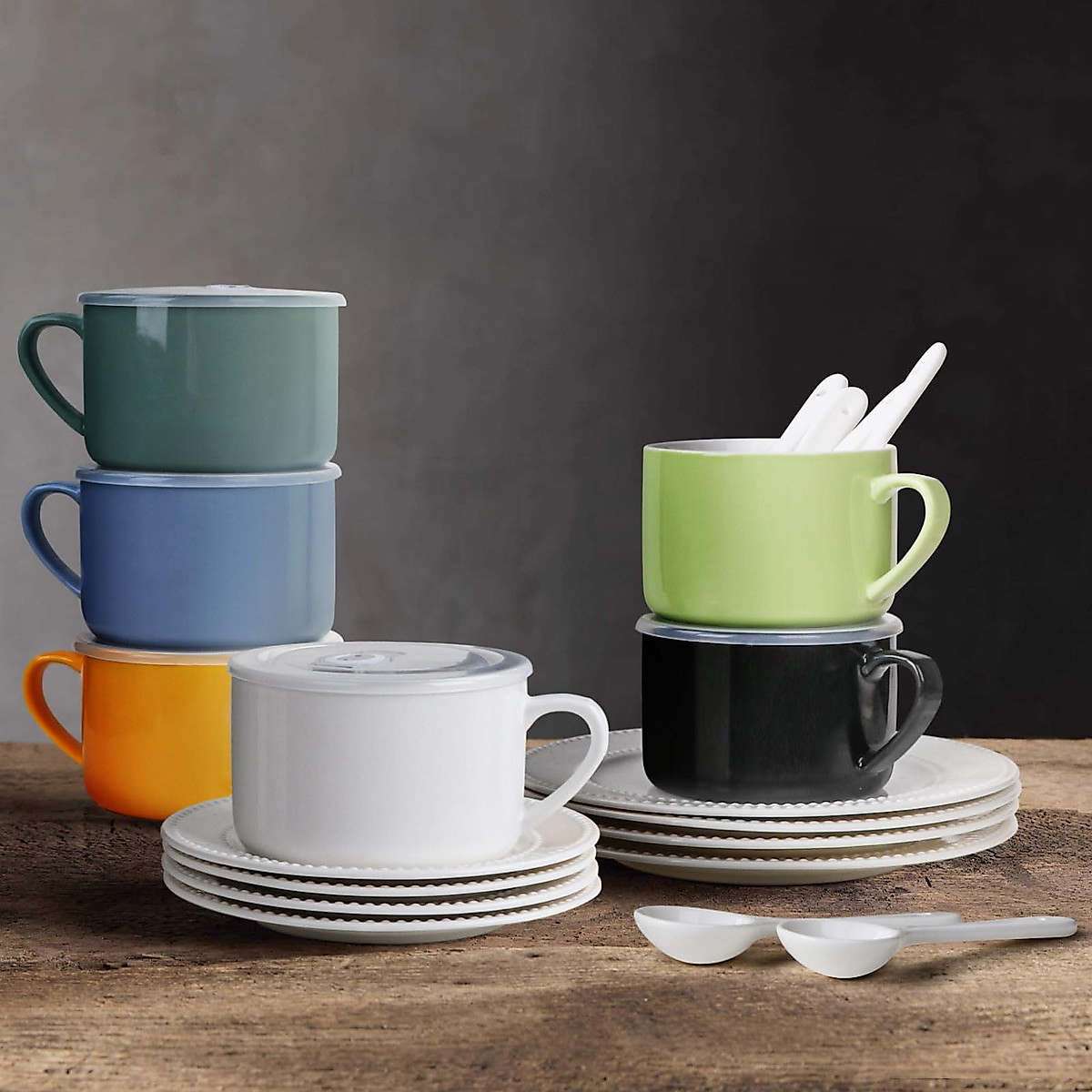 Wareland Soup Bowls with Handles & Spoons, 30oz Ceramic Ramen Bowl with Lid, Large Soup Mugs/Cups for Instant Noodle, Big Cereal Bowls for Oatmeal, Soup Containers with Lids, Set of 2, Sky Blue