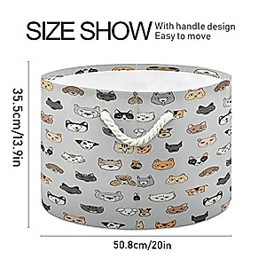 xigua Cat Dog Doodle Round Storage Basket Collapse Canvas Fabric Storage Bin with Cotton Handles for Organizing Home/Kitchen/Nursery/Office/Toy