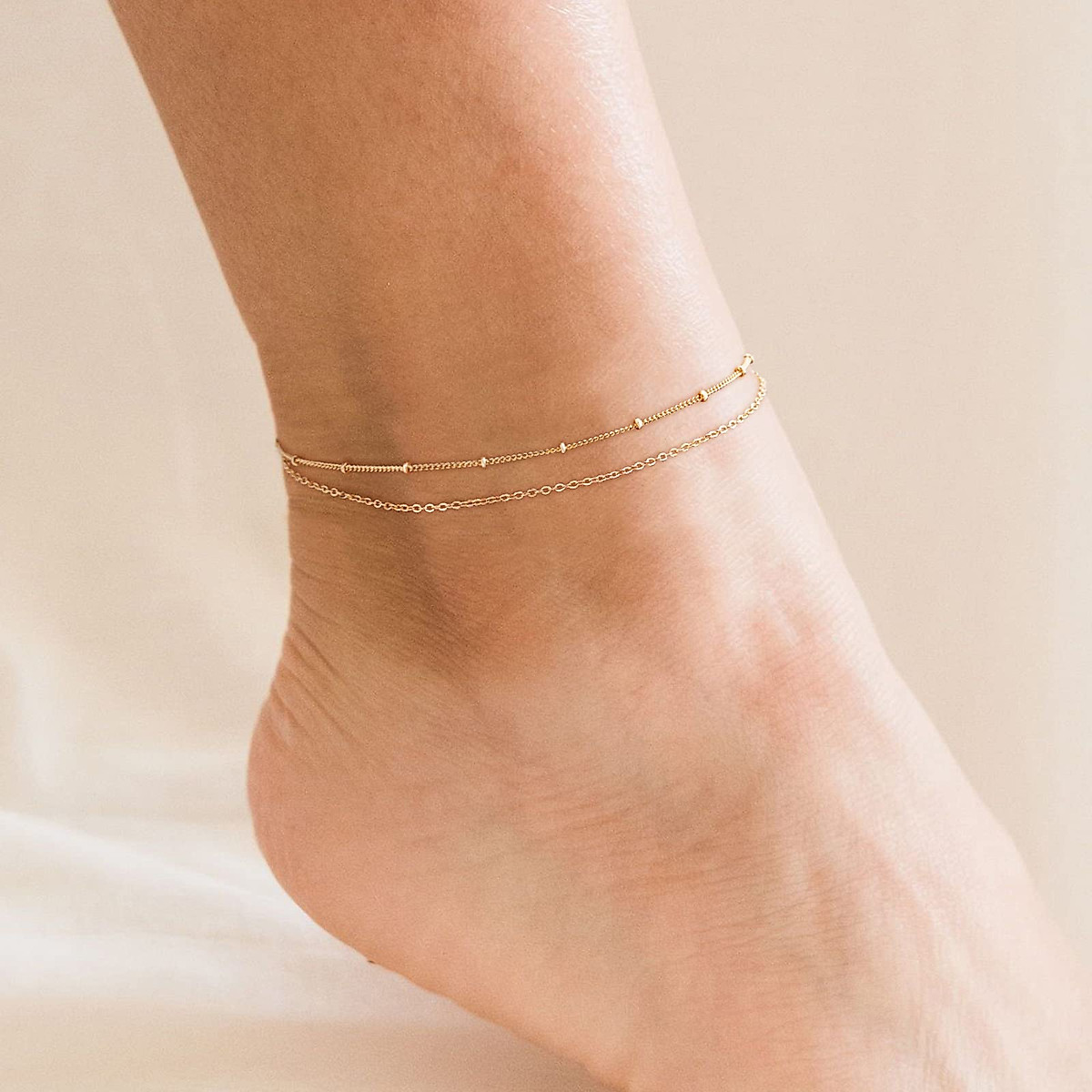 Bemoly Women Dainty Anklet,14K Gold Plated Satellite Anklet Double Layered Cute Beads Chain Tassel Coin Disc Heart Summer Ankle Bracelet Boho Beach Foot Chain