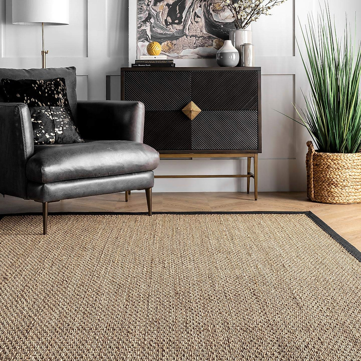 nuLOOM 8 Square Elijah Seagrass Area Rug, Black, Solid Farmhouse Style, Cotton Bordered, Basketweave, Natural Fiber, For Bedroom, Dining Room, Living Room, Hallway, Office, Kitchen, Entryway