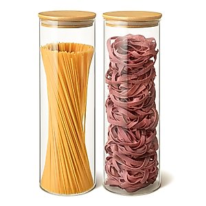 Praknu Pasta Containers Storage Jars 67oz - 2 Food Glass Jars with Bamboo Lids - Airtight Glass Spaghetti Container - Tall Glass Jar