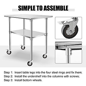 KODOM Food Prep Stainless Steel Table 36'' x 24'', Heavy Duty Workbench with Adjustable Under Shelf, Commercial Worktable with 4 Casters for Commerical Kitchen, Restaurant, Home and Hotel, Silver