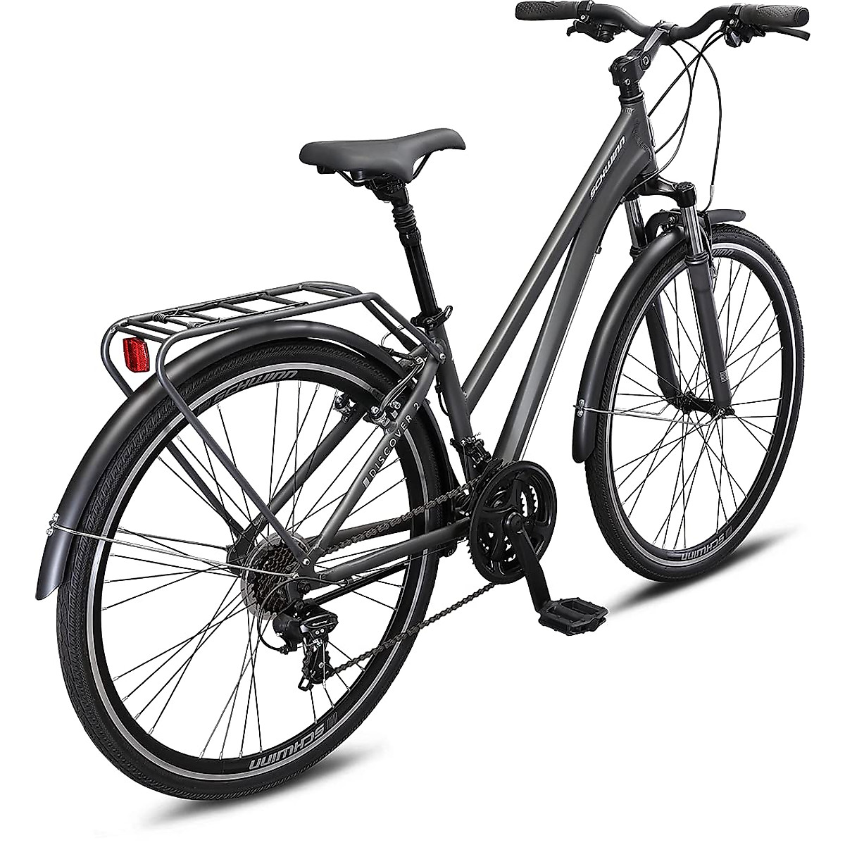 Schwinn Discover 2 Adult Hybrid Bike for Men and Women, 700c Wheels, 21-Speeds, 15-Inch Frame, Front and Rear Fenders, Rear Cargo Rack, Matte Grey