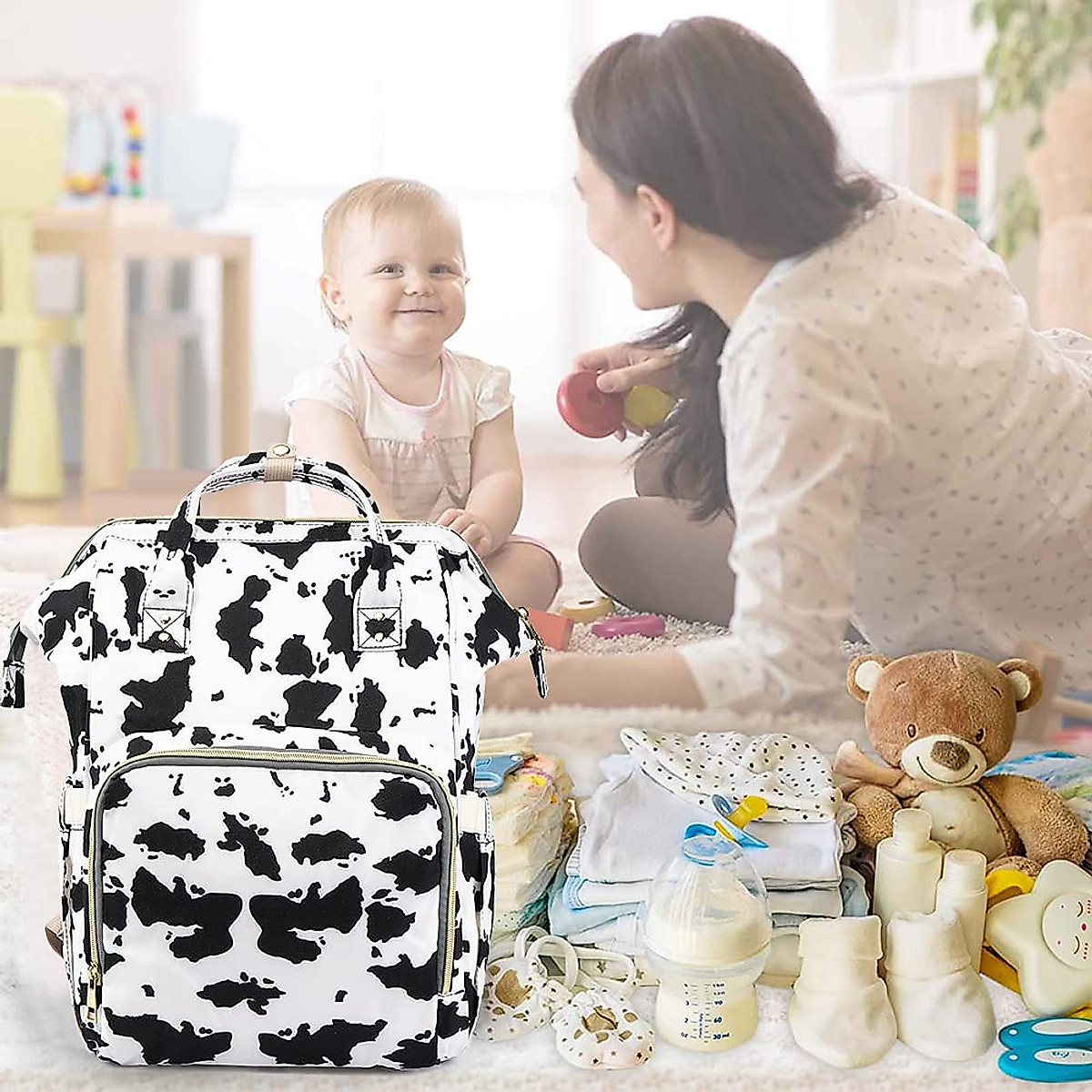 Diaper Bag Backpack for Mom & Dad, Multifunction Waterproof Baby Changing Bags, Large Nappy Bag Backpack (Cow)