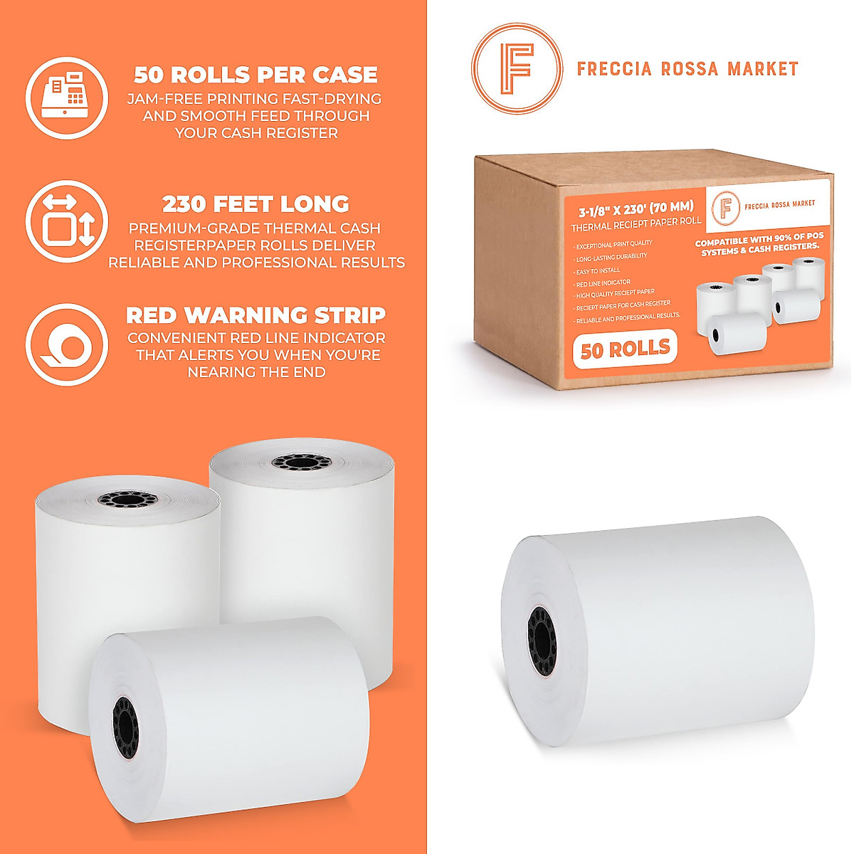 TThermal Printer Receipt Paper Rolls for Cash Registers and POS Print Paper Systems 3-1/8" X 230' - 48 GSM 50 Rolls Comaptible with Square, Clover, Epson Tmt88, Tsp and More