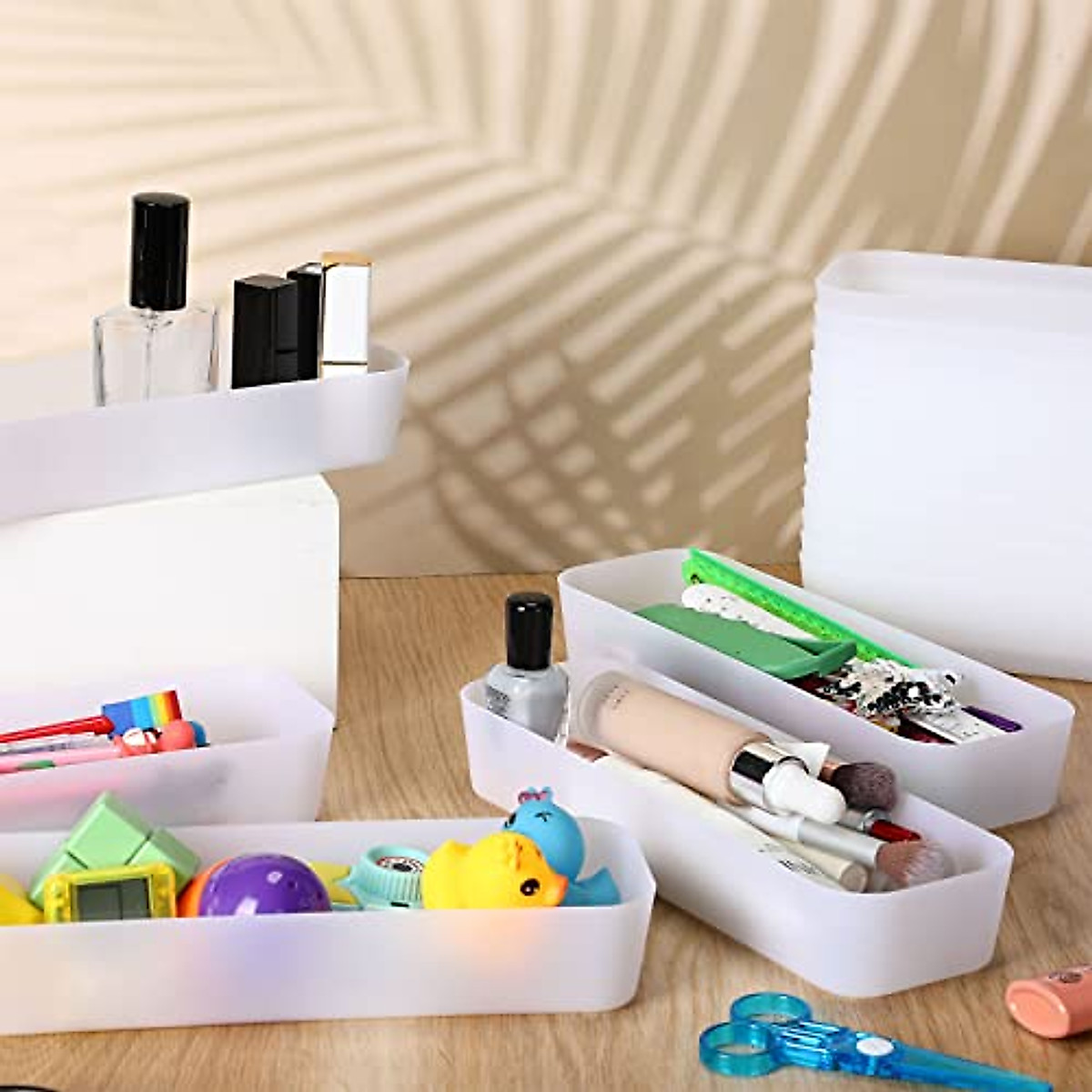 Macarrie 20 Pcs Plastic Drawer Organizer 10 x 3.3 x 1.8 Inch Storage Tray Plastic Silverware Organizer Utensil Holder Drawer for Makeup Kitchen Bathroom Desk Cabinet Organizing, White
