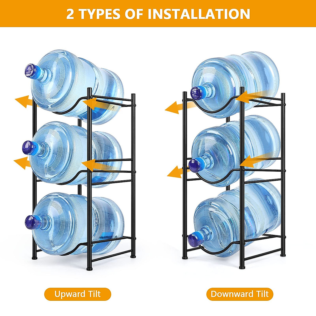 Vrisa Water Cooler Jug Rack Water Bottle Holder 3 Tier Water Bottle Storage 3/5 Gallon Water Cooler Rack Heavy Duty Rack Save Space for Home Office Kitchen, Black
