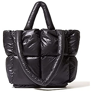 Puffer Tote Bag, Trendy Luxury Chic Quilted Cotton Padded Designer Handbags for Women, Winter Soft Puffer Shoulder Bag. BLACK