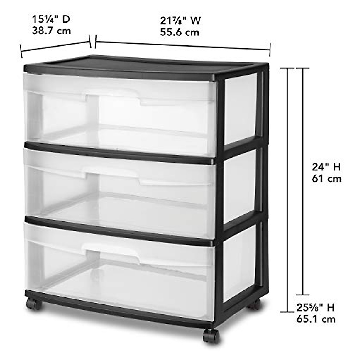 Sterilite 29309001 Wide 3 Drawer Cart, Black Frame with Clear Drawers and Black Casters, 1-Pack