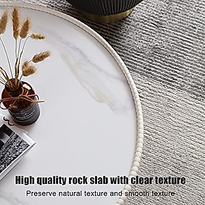 Modern Round Coffee Table, Marble Pattern Tabletop Leather Edge Sofa End Table with Metal Base,Luxurious Side Table for Home Decor Living Room(28x14.2, White)