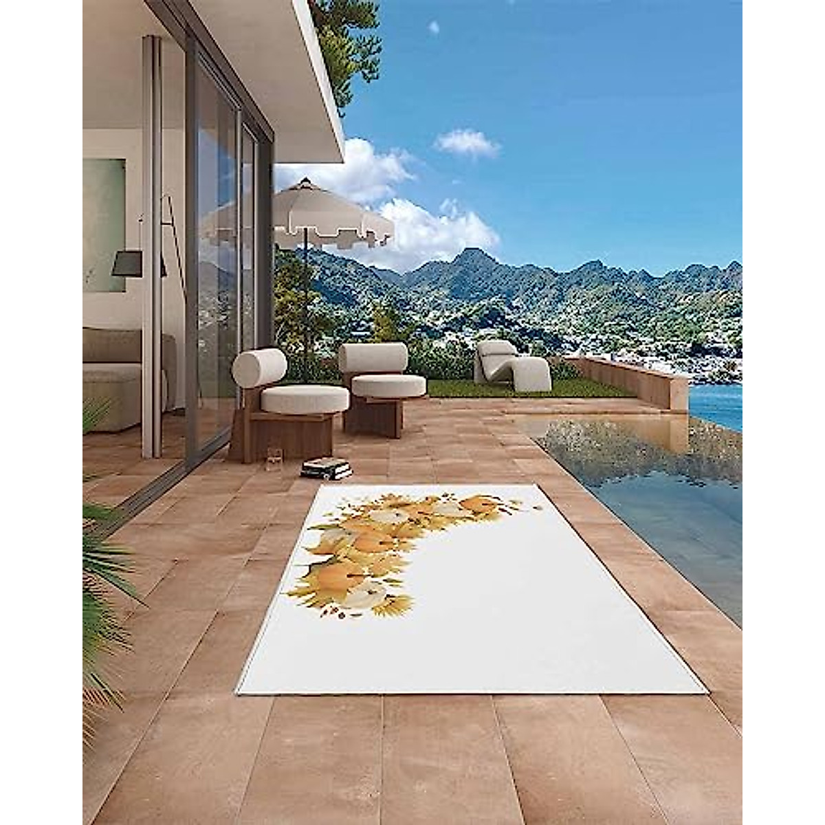 Teamery Outdoor Rug Fall Thanksgiving Maple Leaves Sunflowers Area Rug, Easy Cleaning Waterproof Outdoor Plastic Straw Rug for Patio Decor Backyard Deck Picnic Camping Living Room, 5x8 Feet