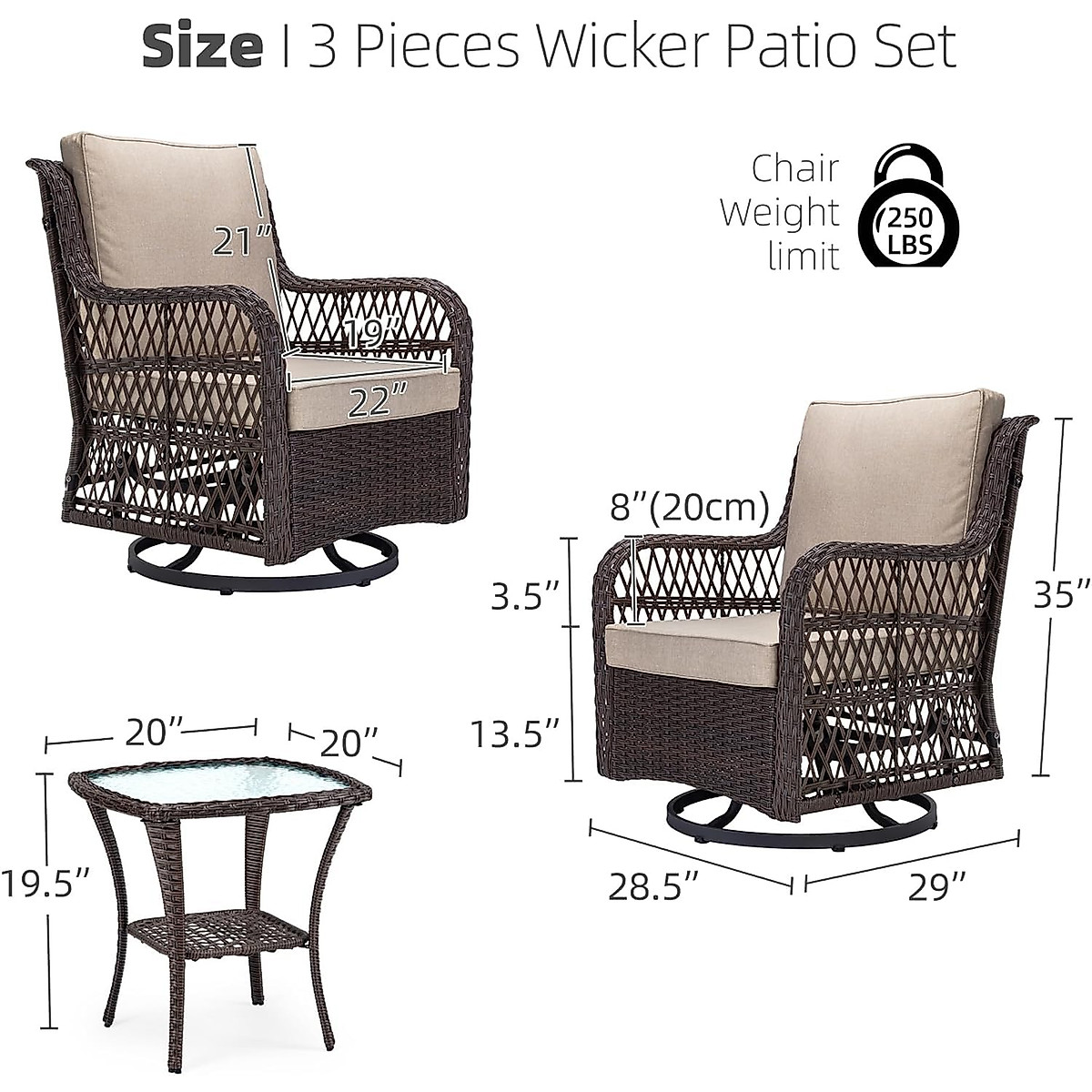 Rocking Swivel Chair, Outdoor Rattan Chairs Set with Side Table and Cushions, Patio Conversation Furniture Set 3 Piece for Outside Porch Deck Balcony Garden Backyard