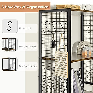 LAVIEVERT Industrial Bookshelf, 5-Tier Vintage Bookcase with Metal Grid and 12 S-Shaped Hooks, Multipurpose Storage Shelf Display Rack for Living Room, Bedroom, Kitchen & Office - Rustic Brown