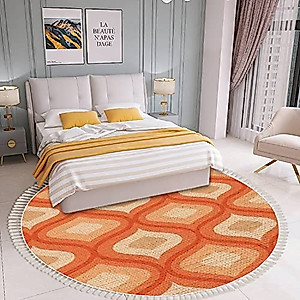 Round Area Rugs Retro 70s Groovy mid Century Modern Ogee Seamless Orange Brown Beige Woven Rug Bedroom Decor Bathroom Powder Room Laundry Room Boho Carpet Outdoor Rug Minimalist Home Decor, 4 ft