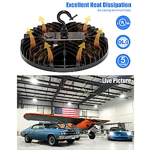 KUKUPPO 2 Pack 240W LED High Bay Light UL&DLC Listed, 36,000lm 240W/190W/140W, 3000K/4000K/5000K Adjustable LED UFO High Bay Shop Light Warehouse Light, 0-10V Dimmable, AC100-277V with Plug, Black